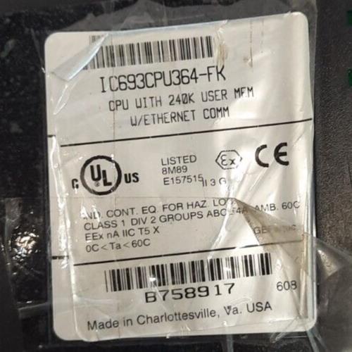 GE FANUC IC693CPU364-FK CPU WITH 240K USER MEM & U/ETHERNET COMM ...