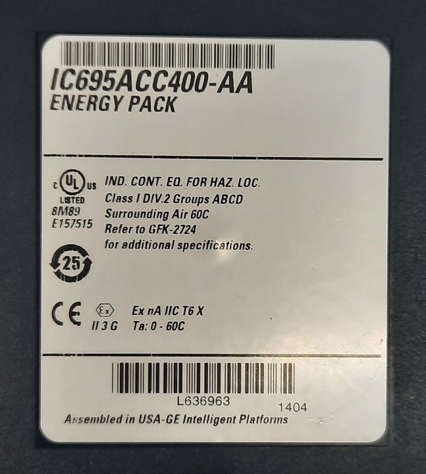 GE FANUC IC695ACC400-AA ENERGY PACK RACSystems RX3i – Boyut-Endustriyel